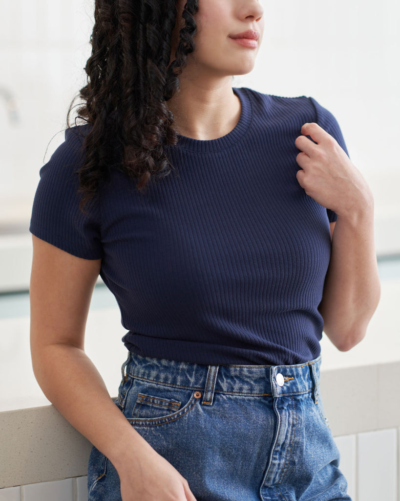 Women Round Neck Ribbed Top – OXWHITE